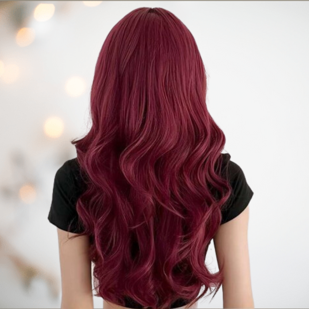 HOC2074-1 Dark Red Long Haired Wig With Fringe – House of Chastity